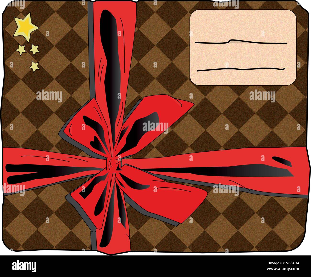 Vector of a gift with pretty red ribbon, stars and checkered wrapper ...