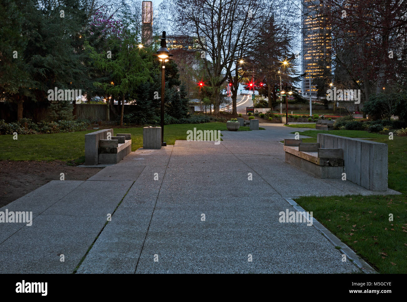WA13682-00...WASHINGTON - Evening view of walkway through Freeway Park ...