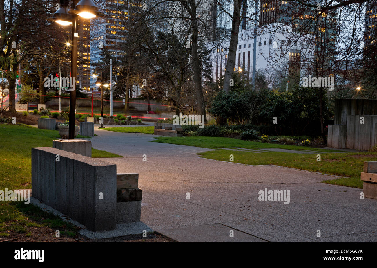 WA13683-00...WASHINGTON - Evening view of walkway through Freeway Park ...