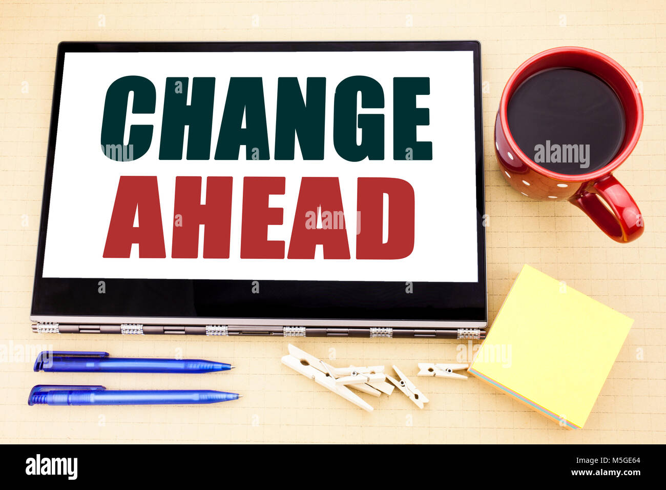 Hand writing text caption inspiration showing Change Ahead Red Word ...