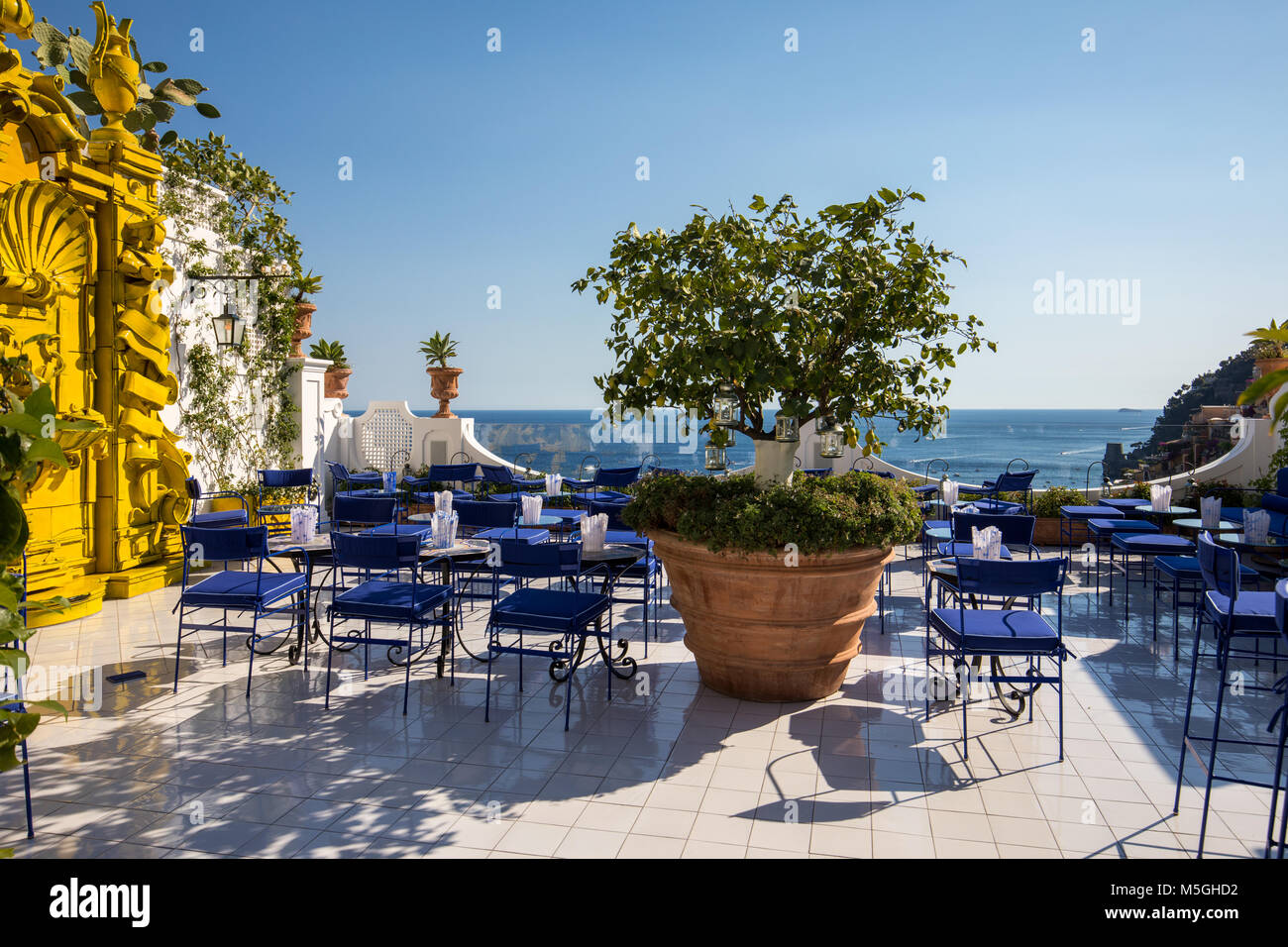 A beautiful terrace overlooking the coastal town of Positano on Amalfi ...