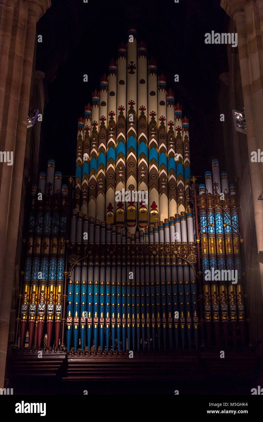 Colorful cathedral wind organ blue brown grey and golden Stock Photo ...