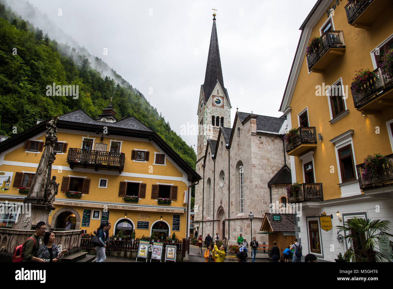 Views of the Neo-Gothic Evangelical Church in Hallstatt, part of ...