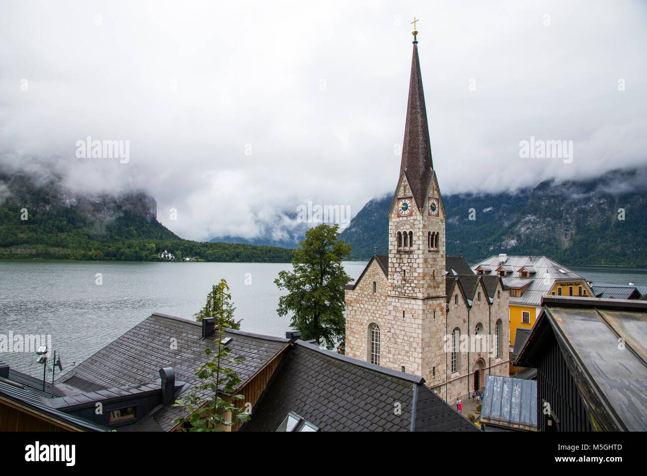 Views of the Neo-Gothic Evangelical Church in Hallstatt, part of ...