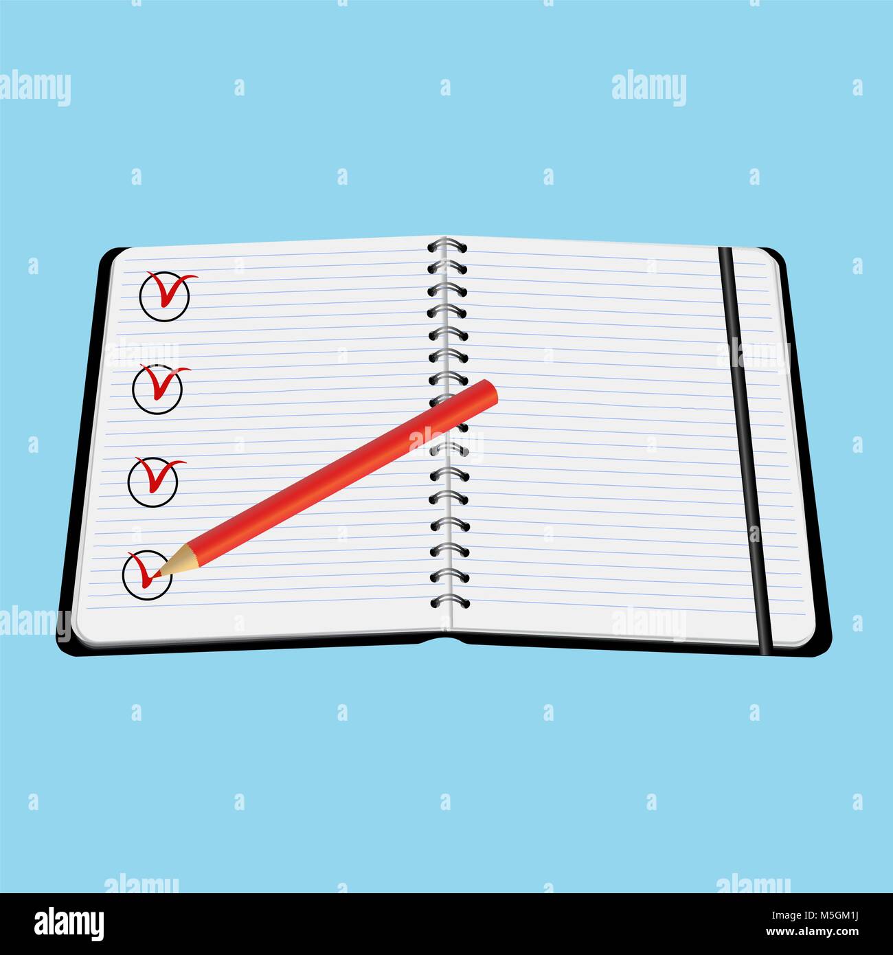 notebook red pencil with tick vector illustration isolated on white ...