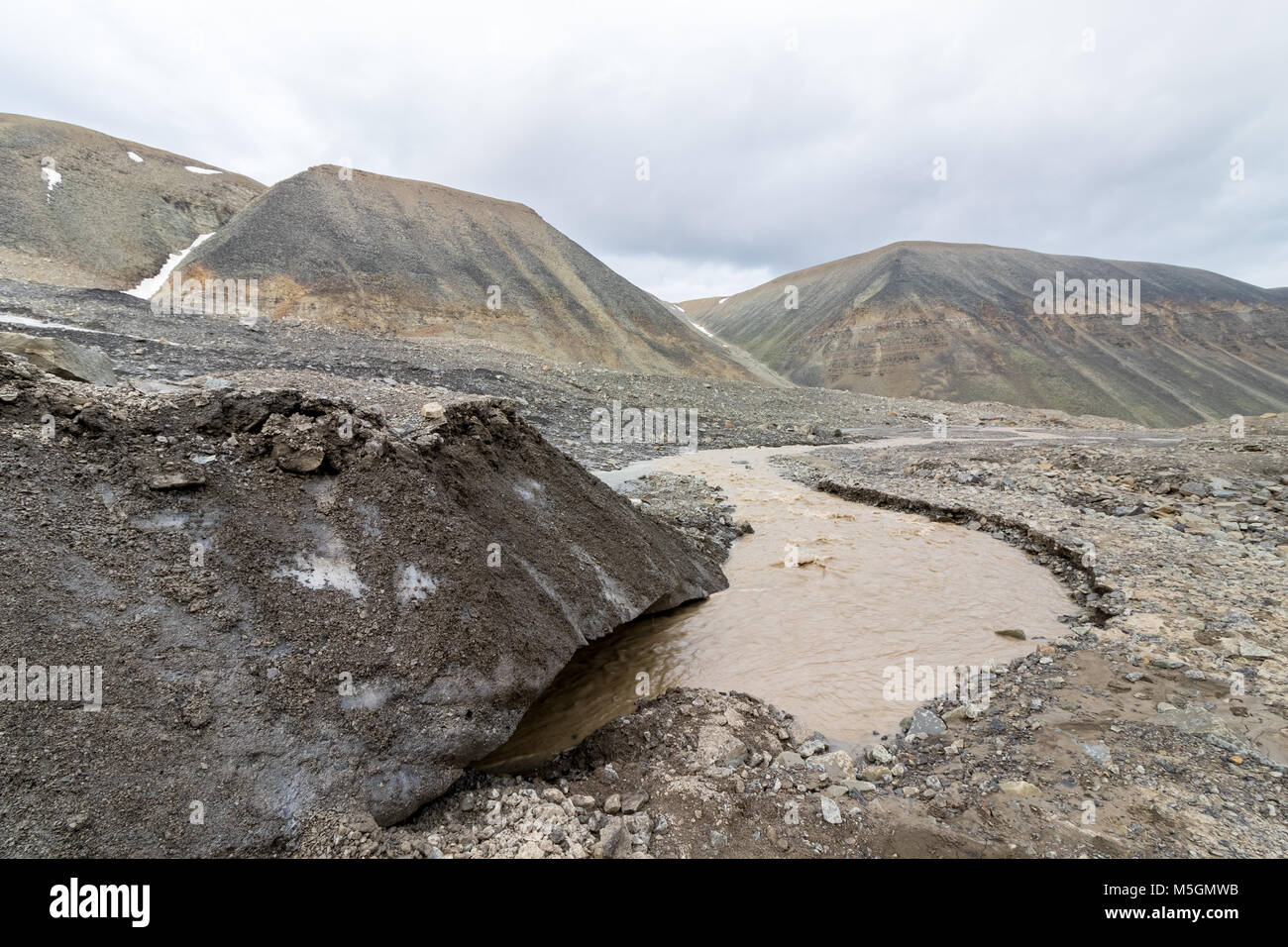 The end of the glacier. A brown river, the meltwater from the Longyear ...