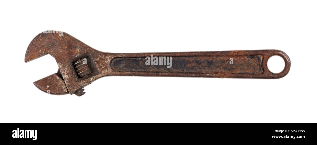 Old rusty wrench isolated on white background, top view Stock Photo - Alamy