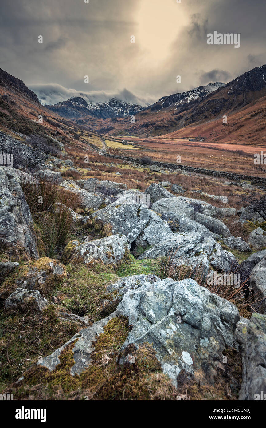 Ogwen Valley at winter with hills covered in snow. Snowdonia National ...