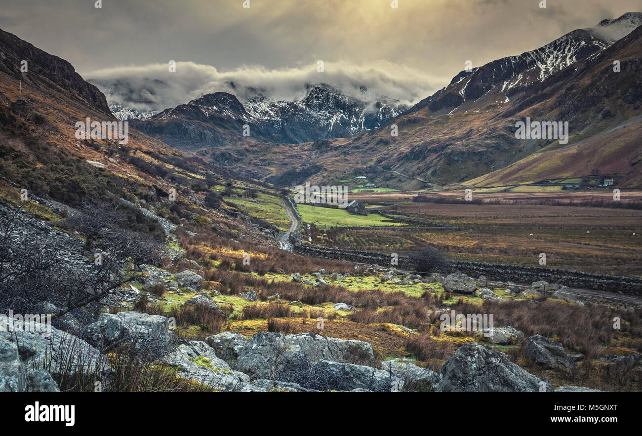 Ogwen Valley at winter with hills covered in snow. Snowdonia National ...