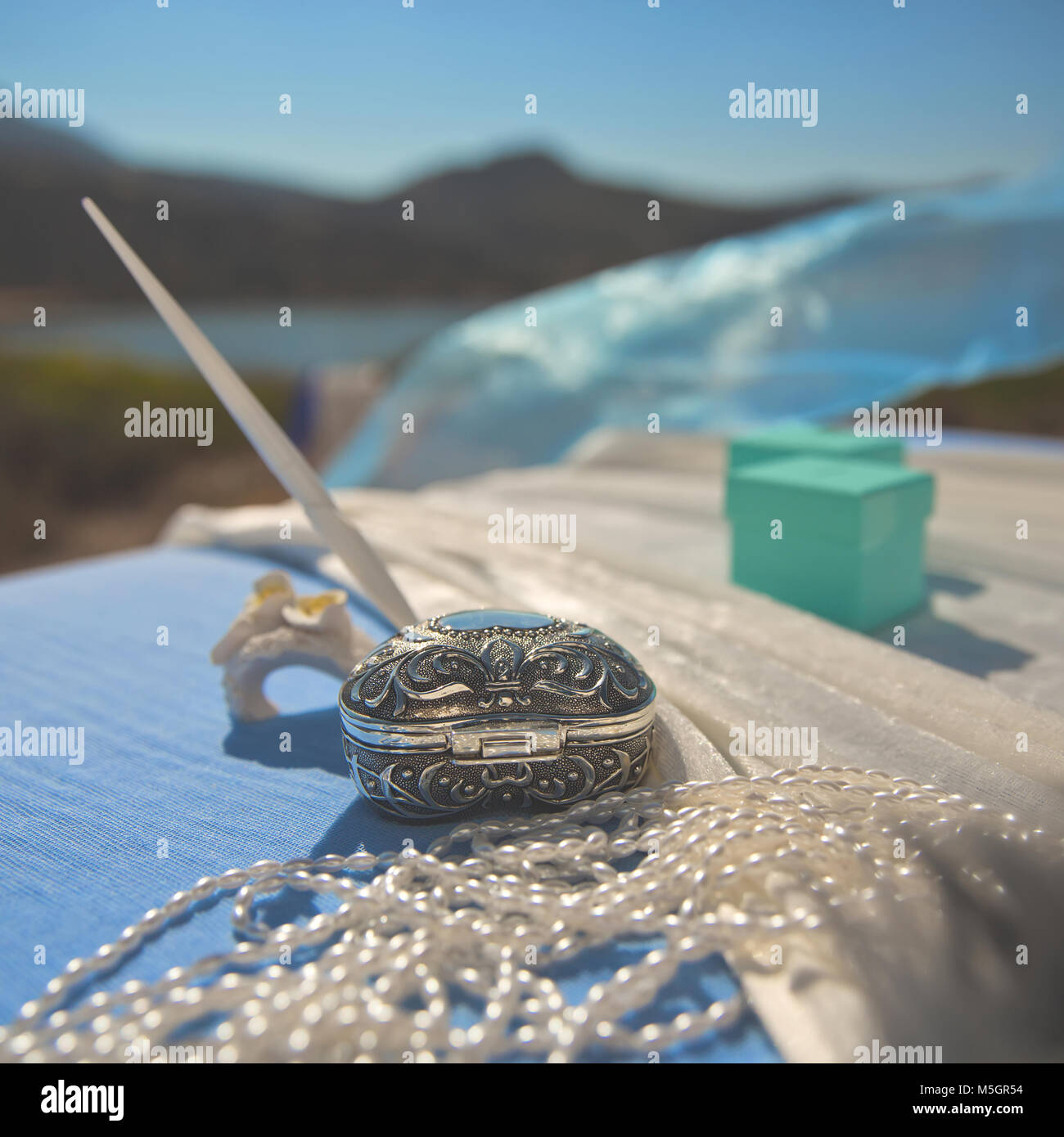 Wedding accessories of white and blue colors Stock Photo - Alamy