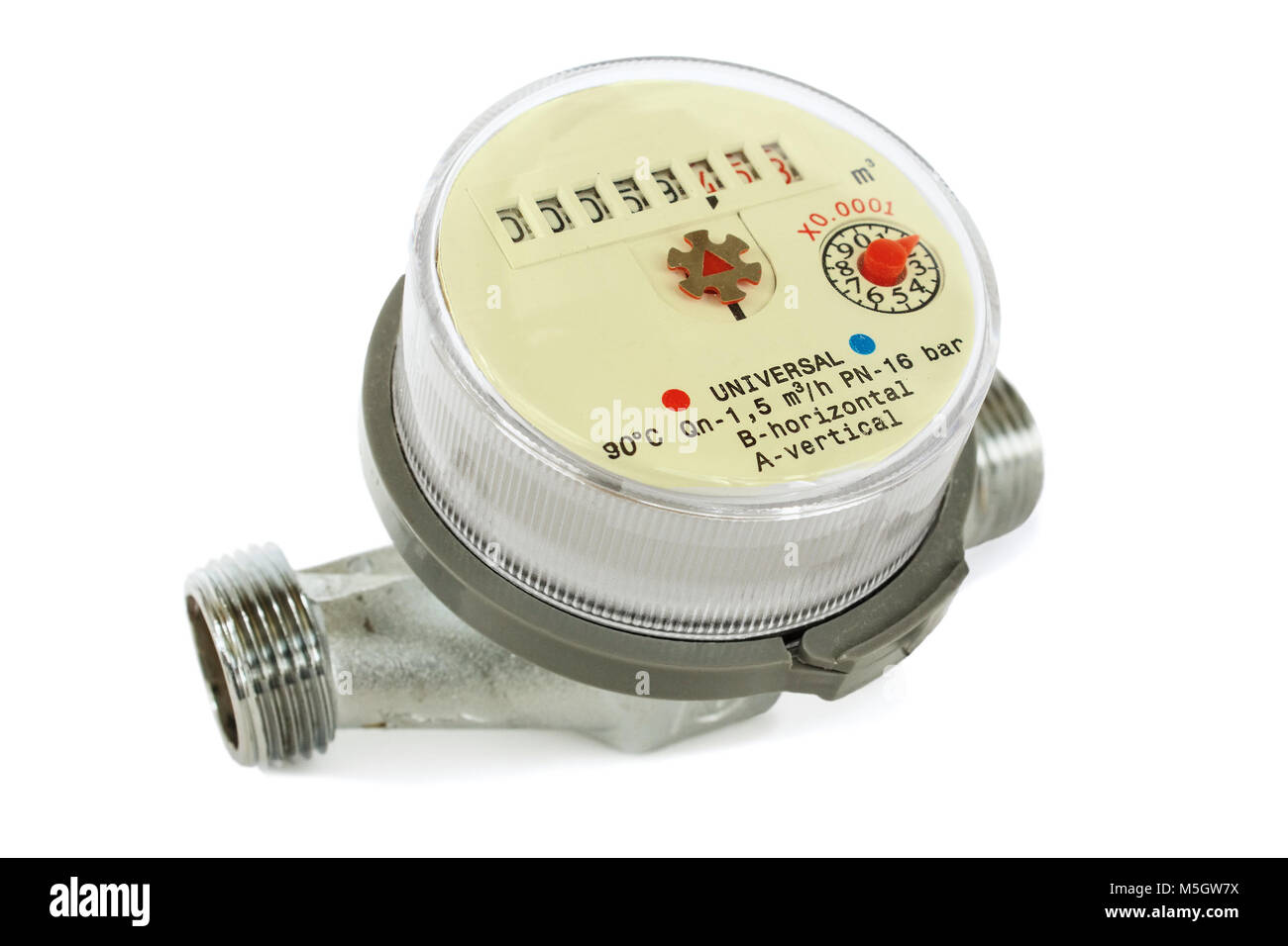 Water meter for domestic water on white background Stock Photo - Alamy