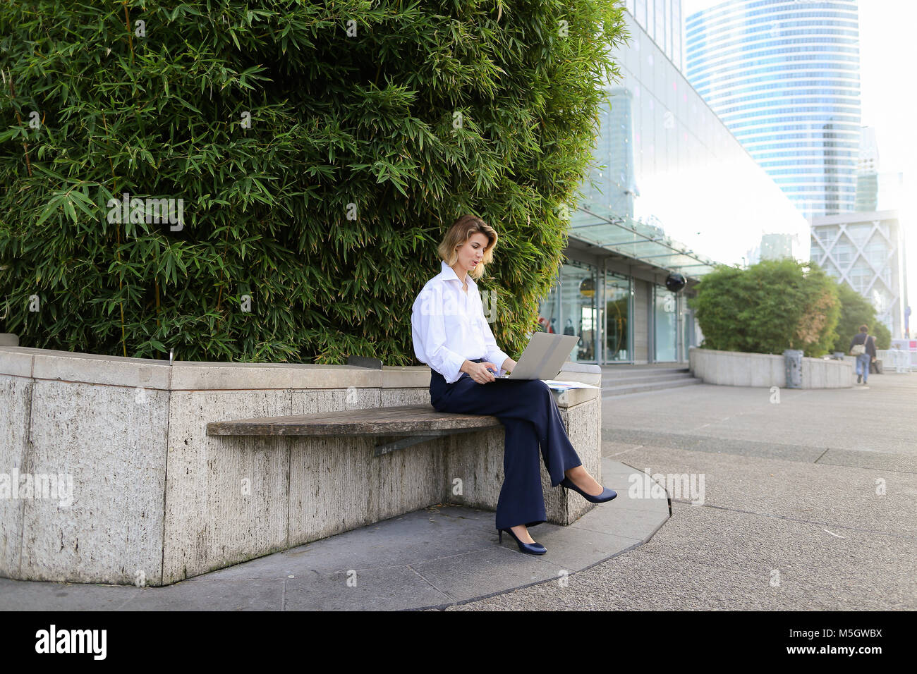 Statistician working outside with laptop and color diagrams Stock Photo ...