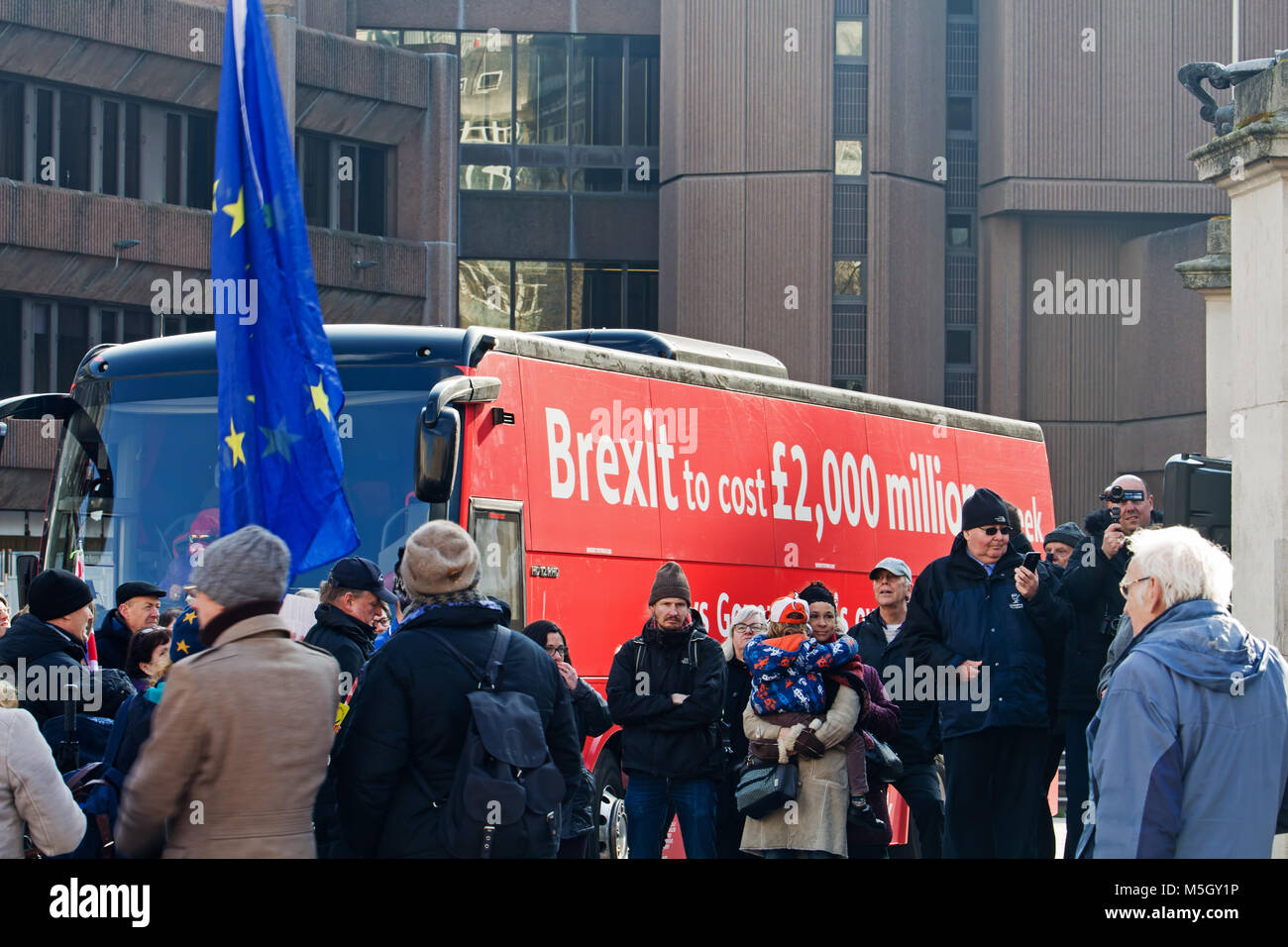 Liverpool, UK. 23rd February 2018. Anti-Brexit campaigners big red bus ...