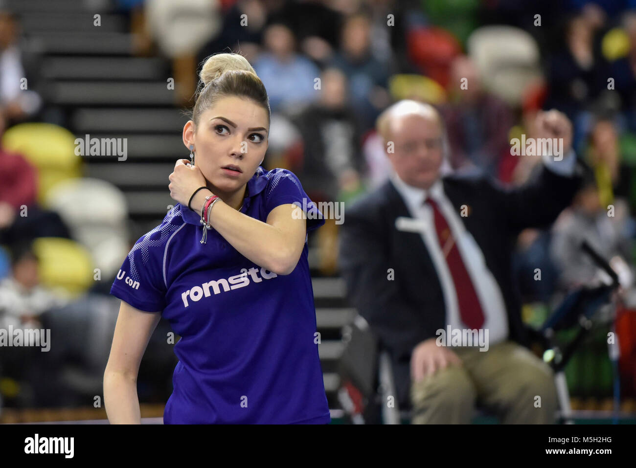 London, UK. 23 February 2018. Bernadette Szocs (ROU) reacts during her ...