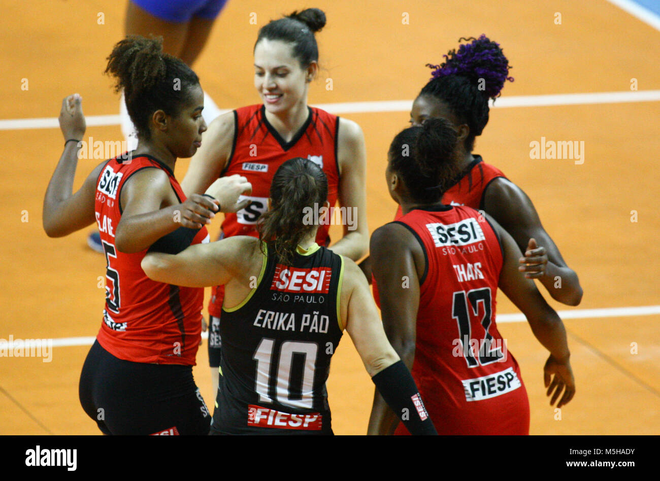 Osasco, Brazil. 23rd Feb, 2018. In the photo Sesi players celebrate ...