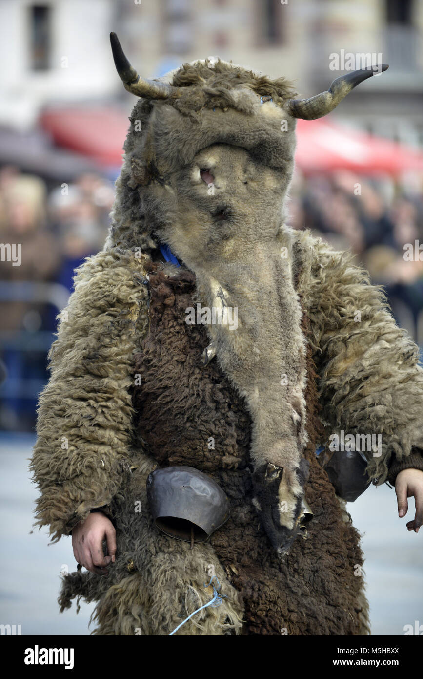 PRILEP, MACEDONIA. FEBRUARY 18 , 2018- A 'Mechkari' performer ...