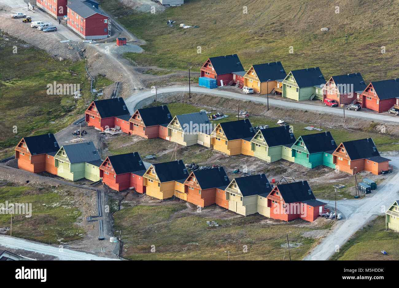 Colored houses in Longyearbyen, Svalbard, seen from above Stock Photo ...