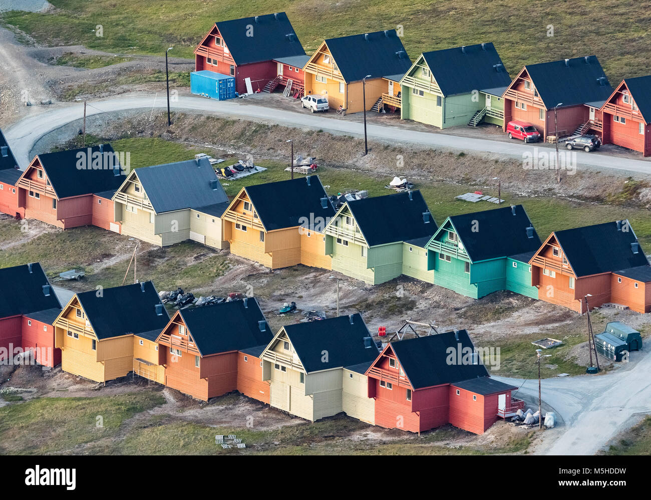 Colored houses in Longyearbyen, Svalbard, seen from above Stock Photo ...