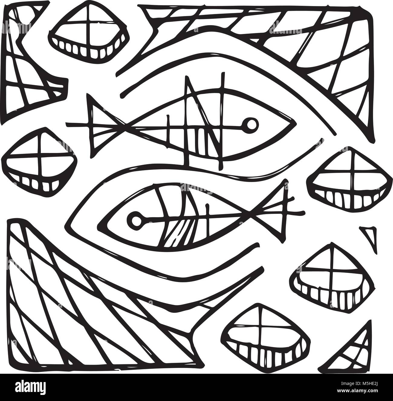 Hand drawn vector illustration or drawing of two fish and five breads ...