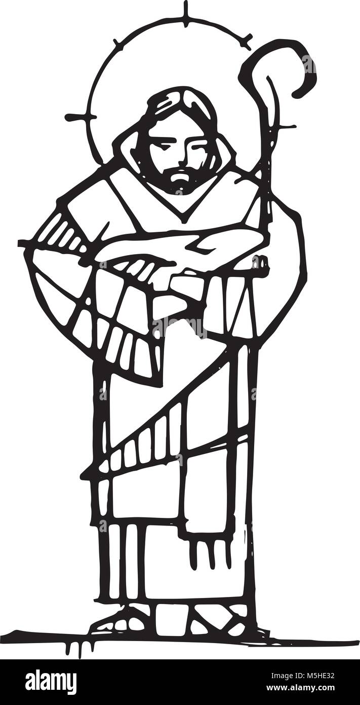 Hand drawn ink illustration or drawing of Jesus Christ Good Shepherd ...