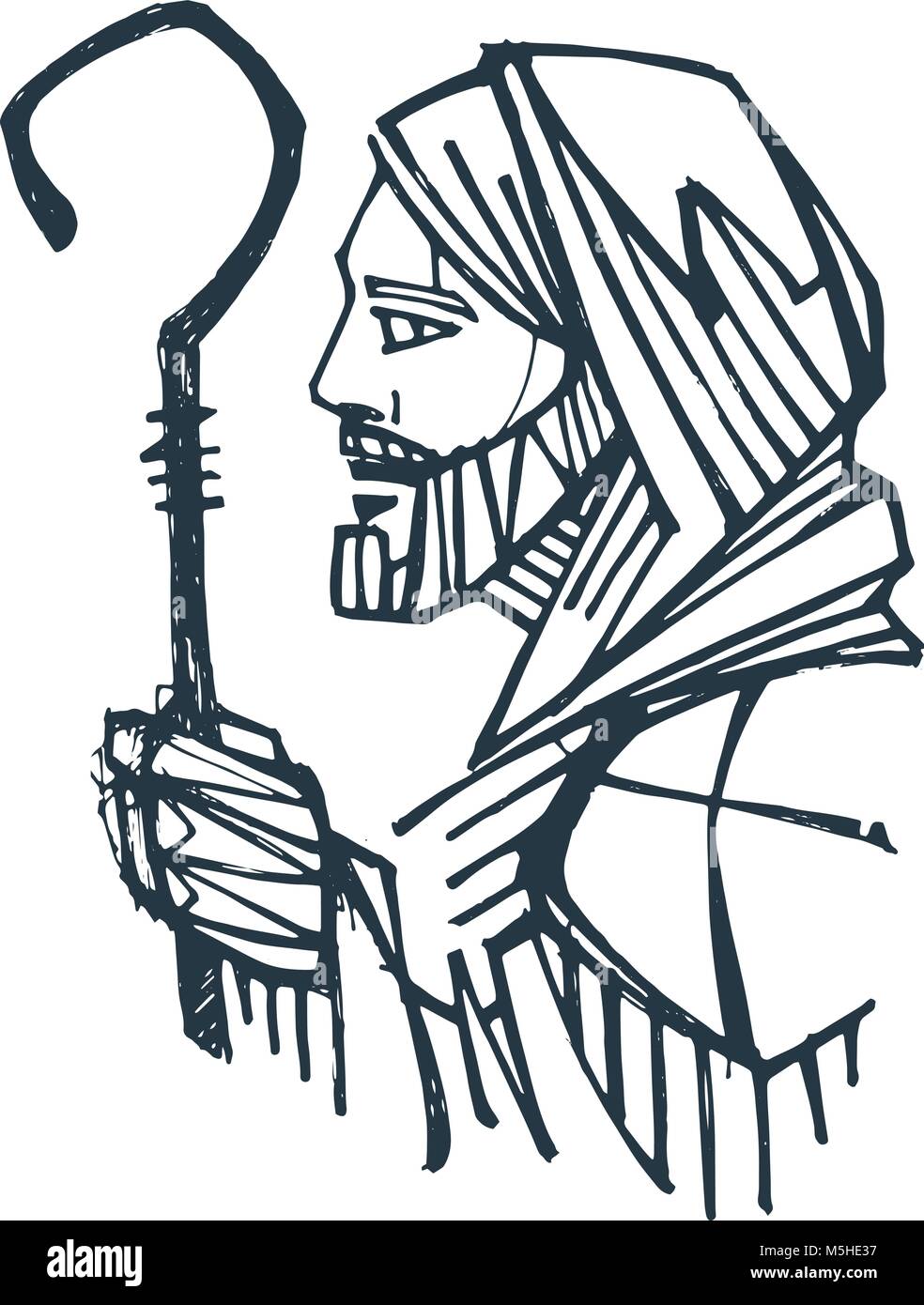 Hand drawn ink illustration or drawing of Jesus Christ Good Shepherd ...