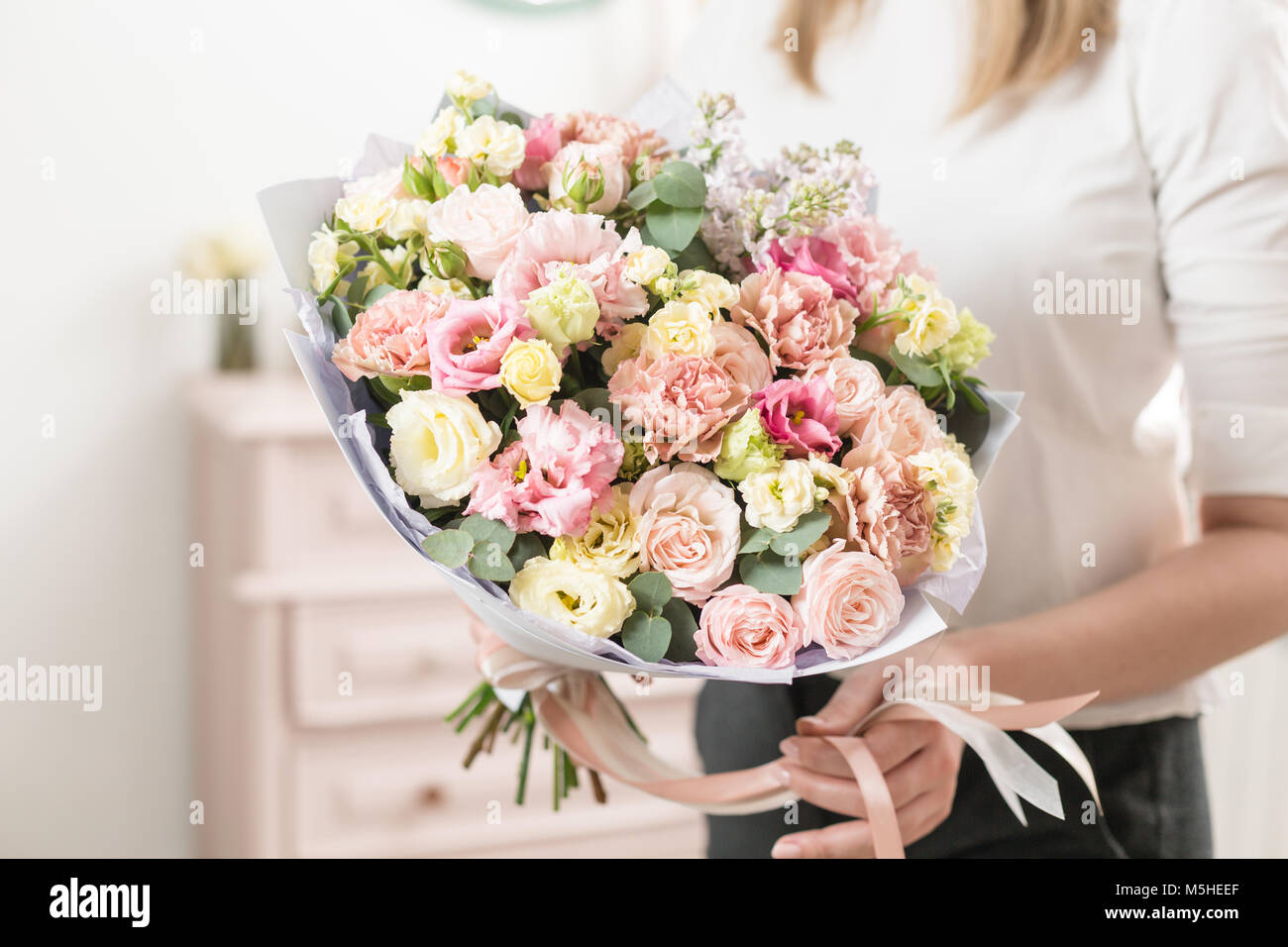bouquet of delicate pastel color. beautiful luxury bunch of mixed ...