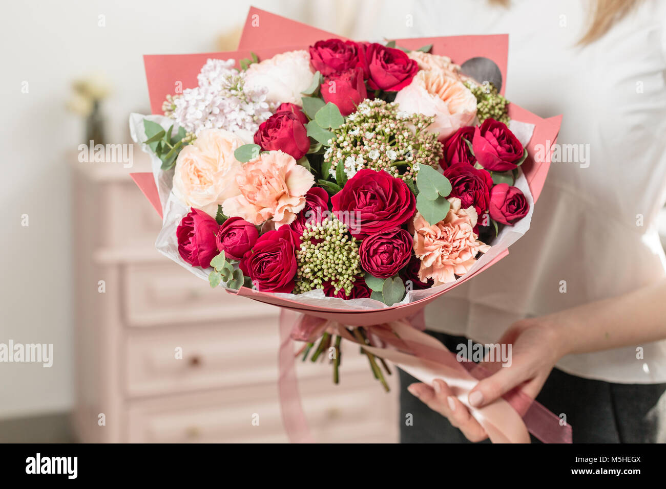 bouquet of highly red coloured . beautiful luxury bunch of mixed ...