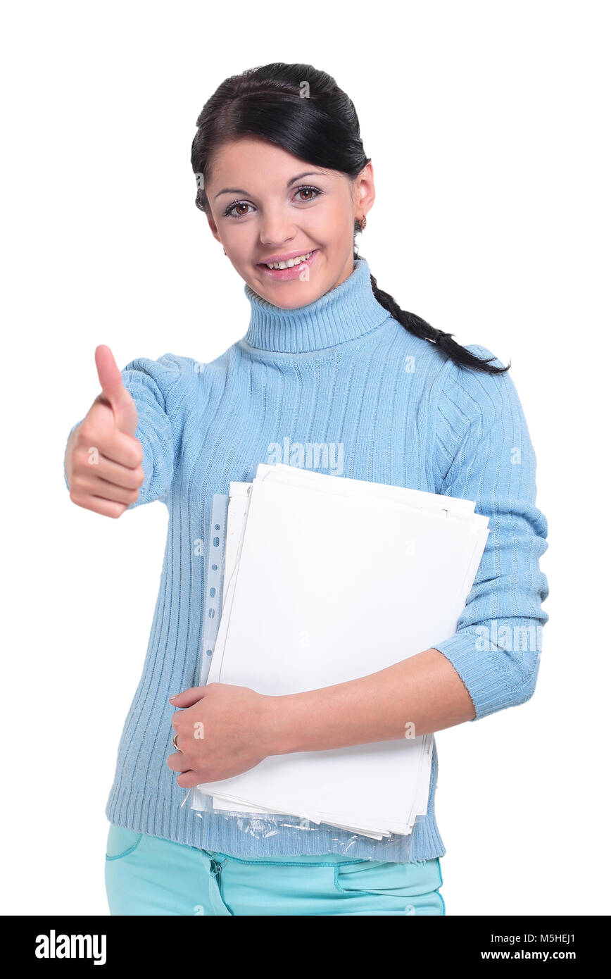 Young model showing thumbs up in studio over white background Stock ...