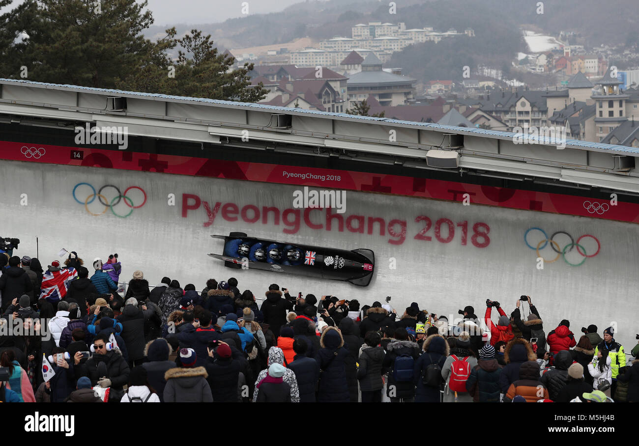 Great Britain's Brad Hall and his team during the 4-man Bobsleigh heats ...