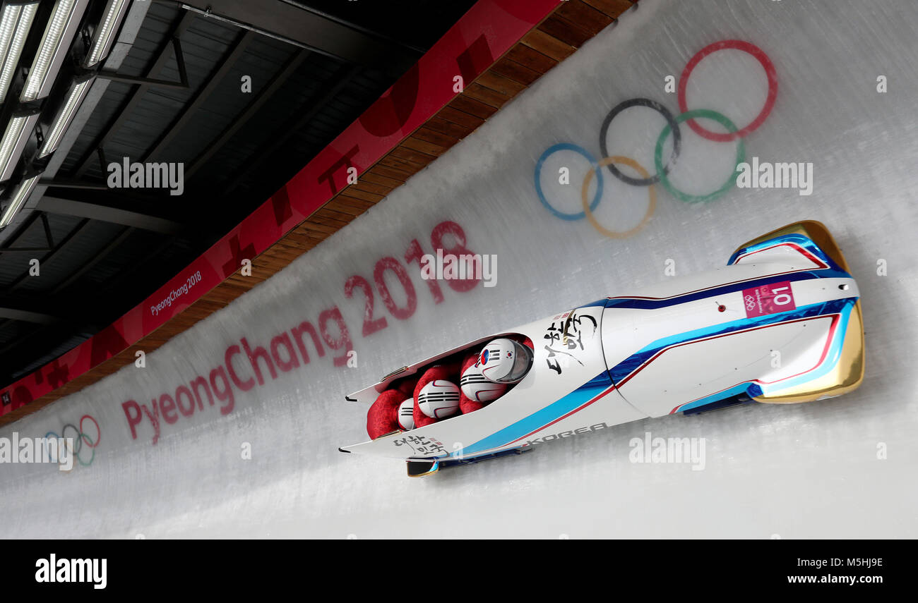 Korea's Yunjong Won and his team during the 4-man Bobsleigh heats at ...