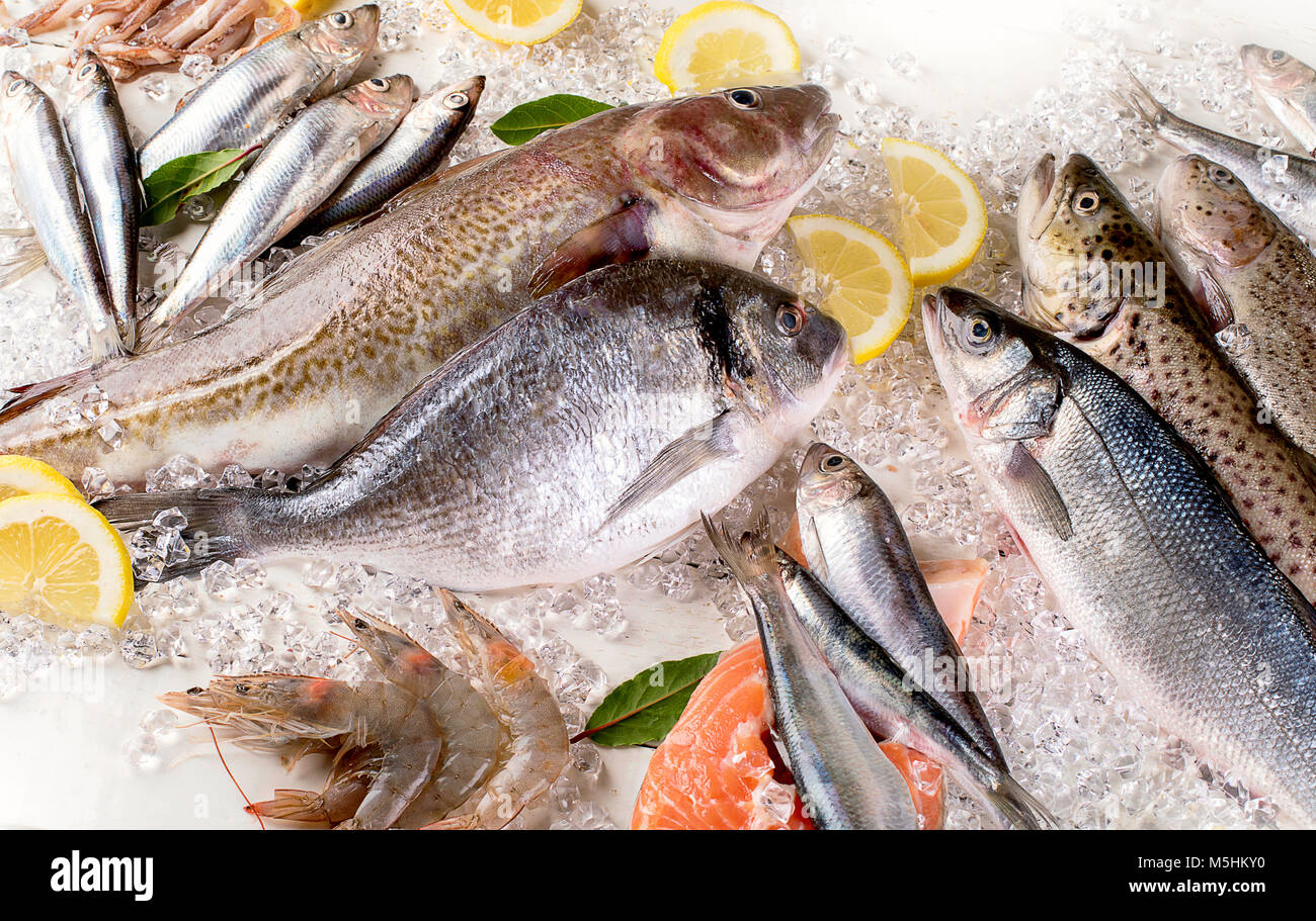 Fresh fish and seafood on white wooden background. Healthy eating. Top ...