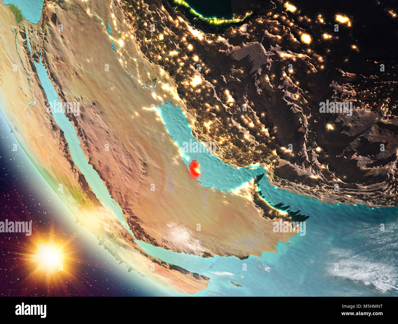 Qatar during sunset highlighted in red on planet Earth with clouds. 3D ...