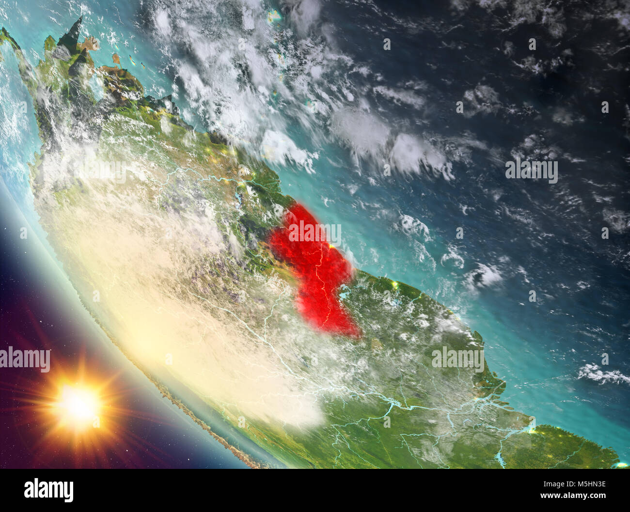 Guyana during sunset highlighted in red on planet Earth with clouds. 3D ...