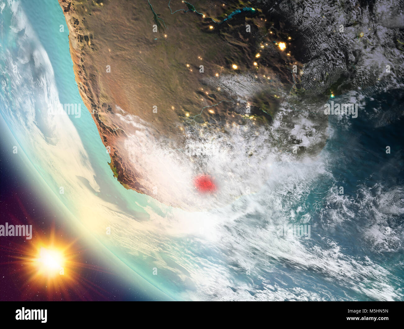Lesotho during sunset highlighted in red on planet Earth with clouds ...