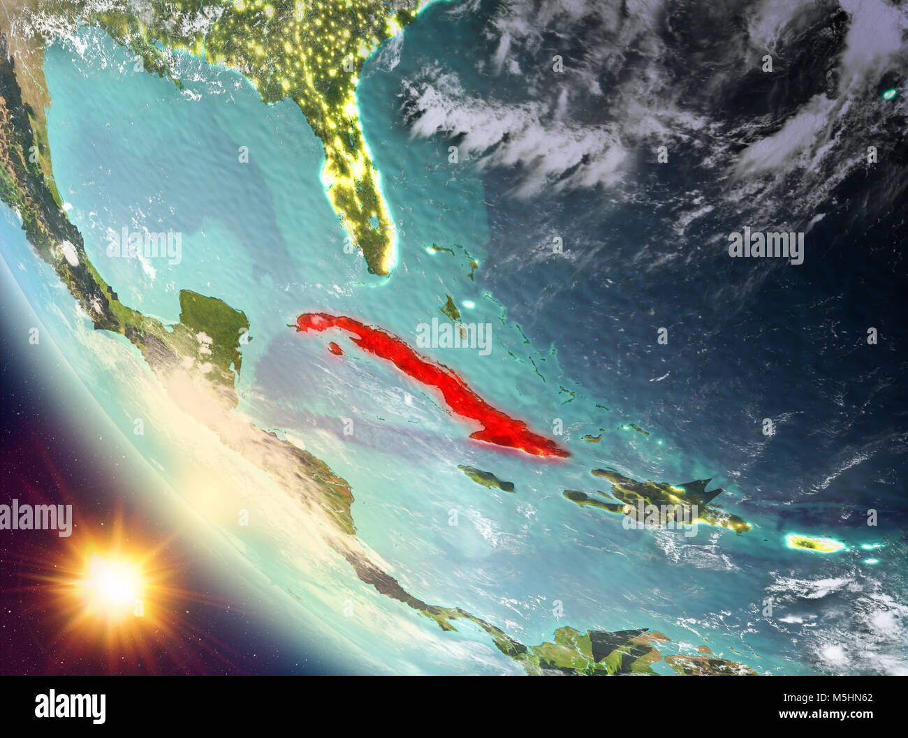 Cuba during sunset highlighted in red on planet Earth with clouds. 3D ...