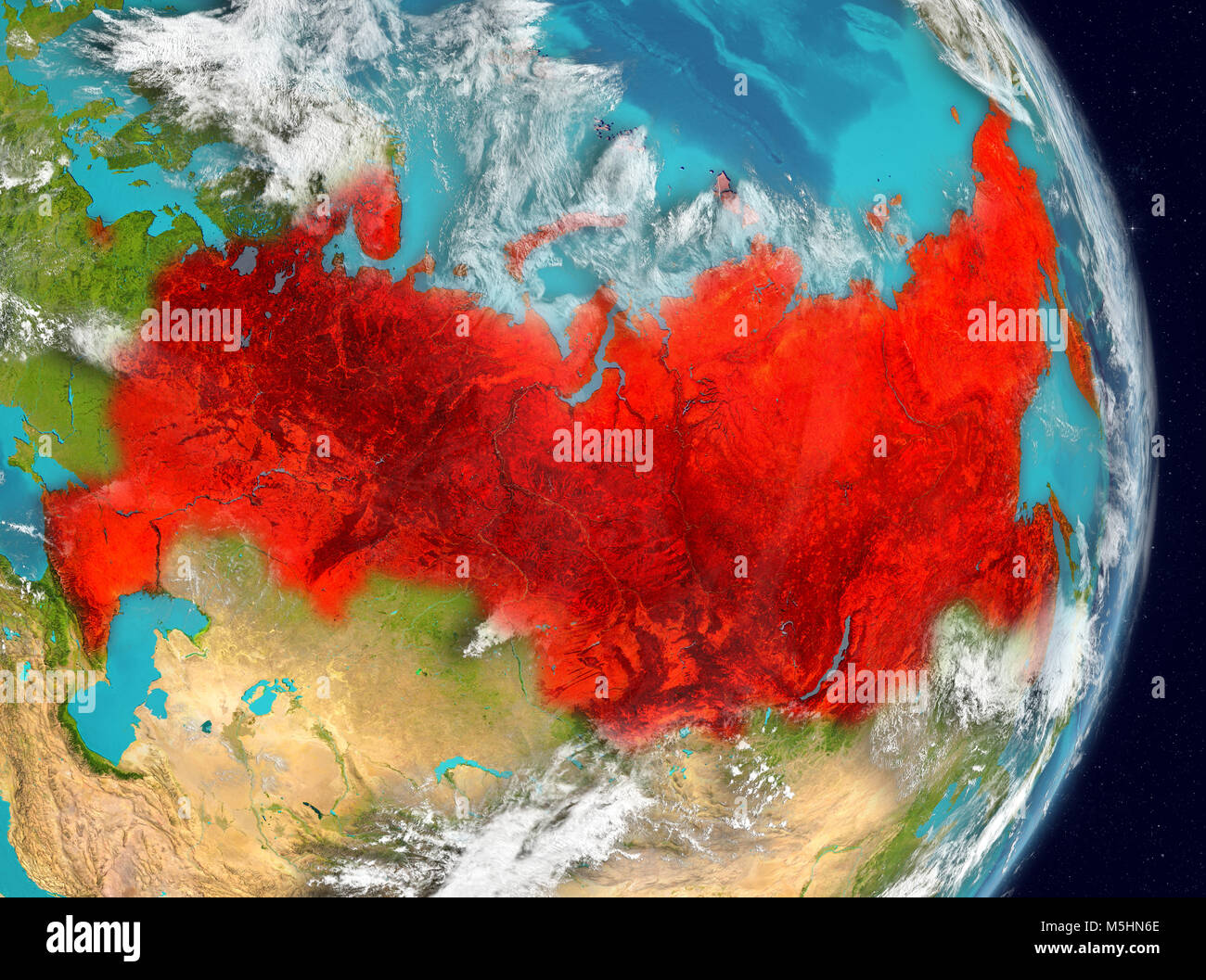 Space view of Russia highlighted in red on planet Earth with atmosphere ...