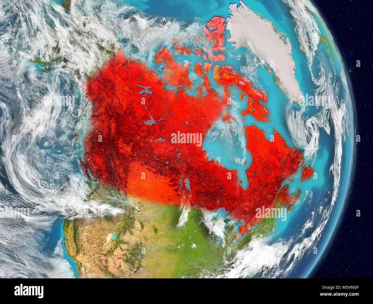 Space view of Canada highlighted in red on planet Earth with atmosphere ...