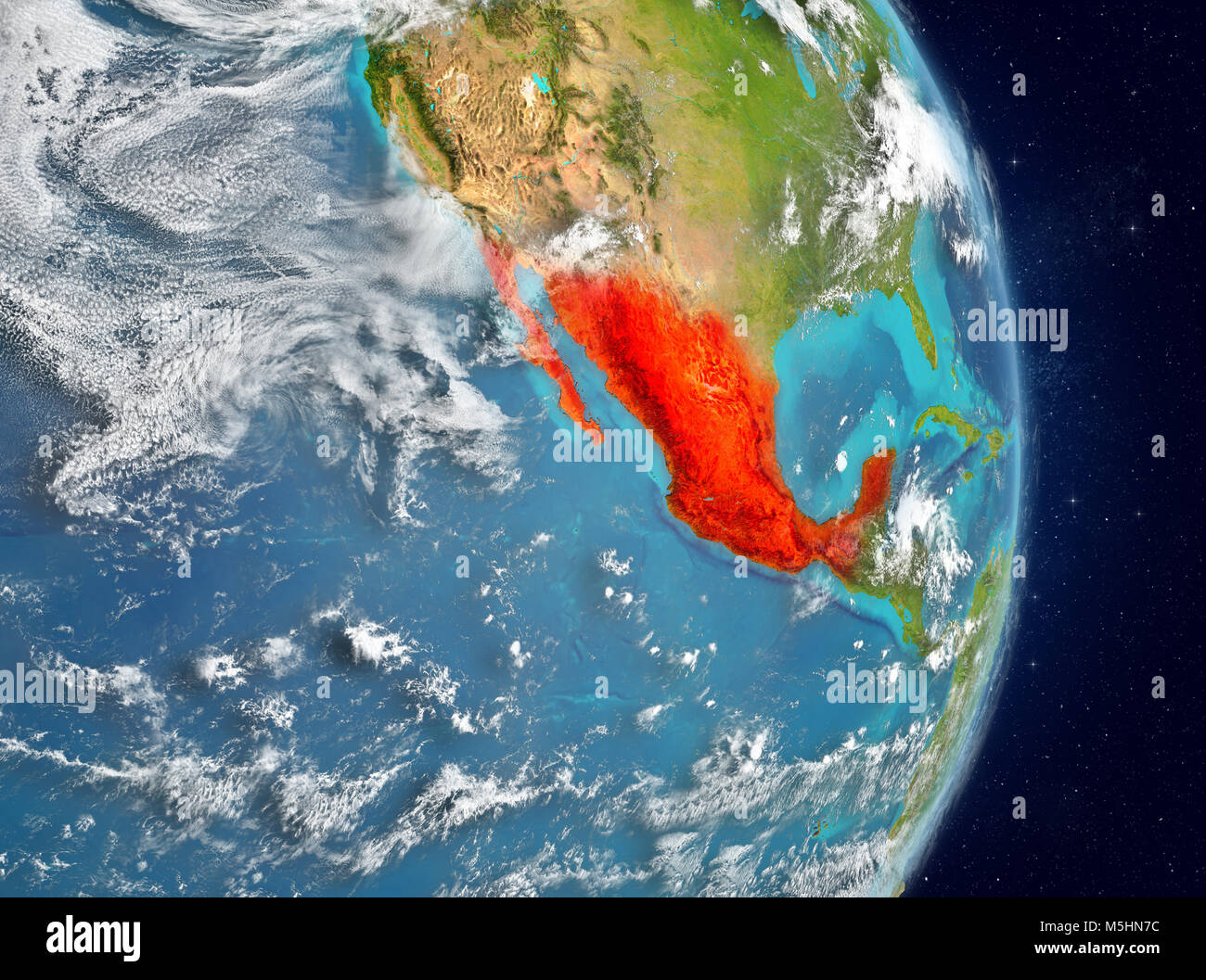 Space view of Mexico highlighted in red on planet Earth with atmosphere ...