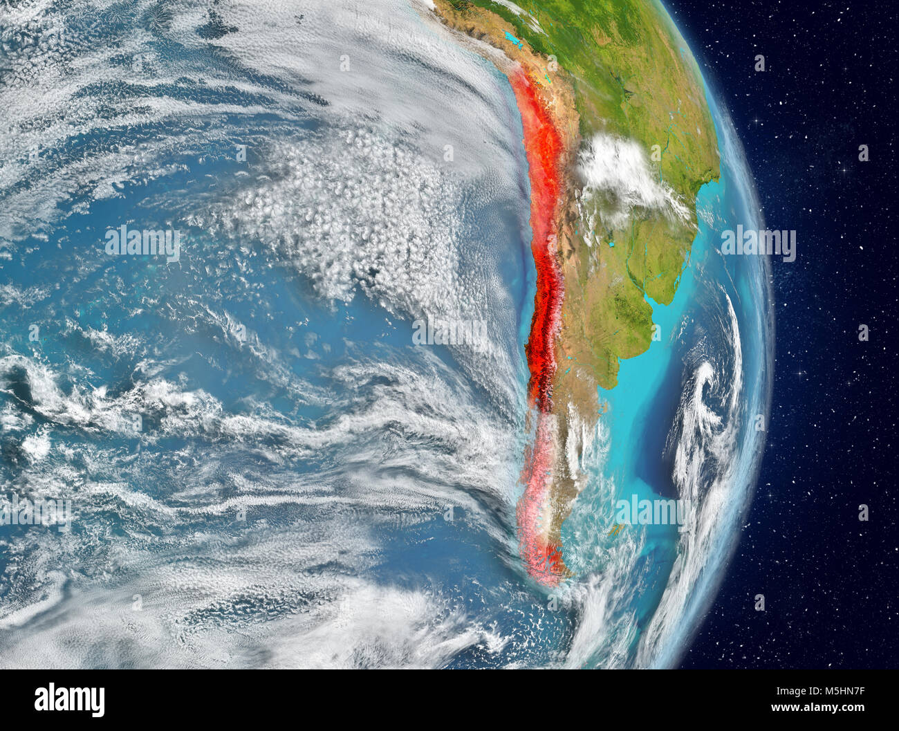 Space view of Chile highlighted in red on planet Earth with atmosphere ...