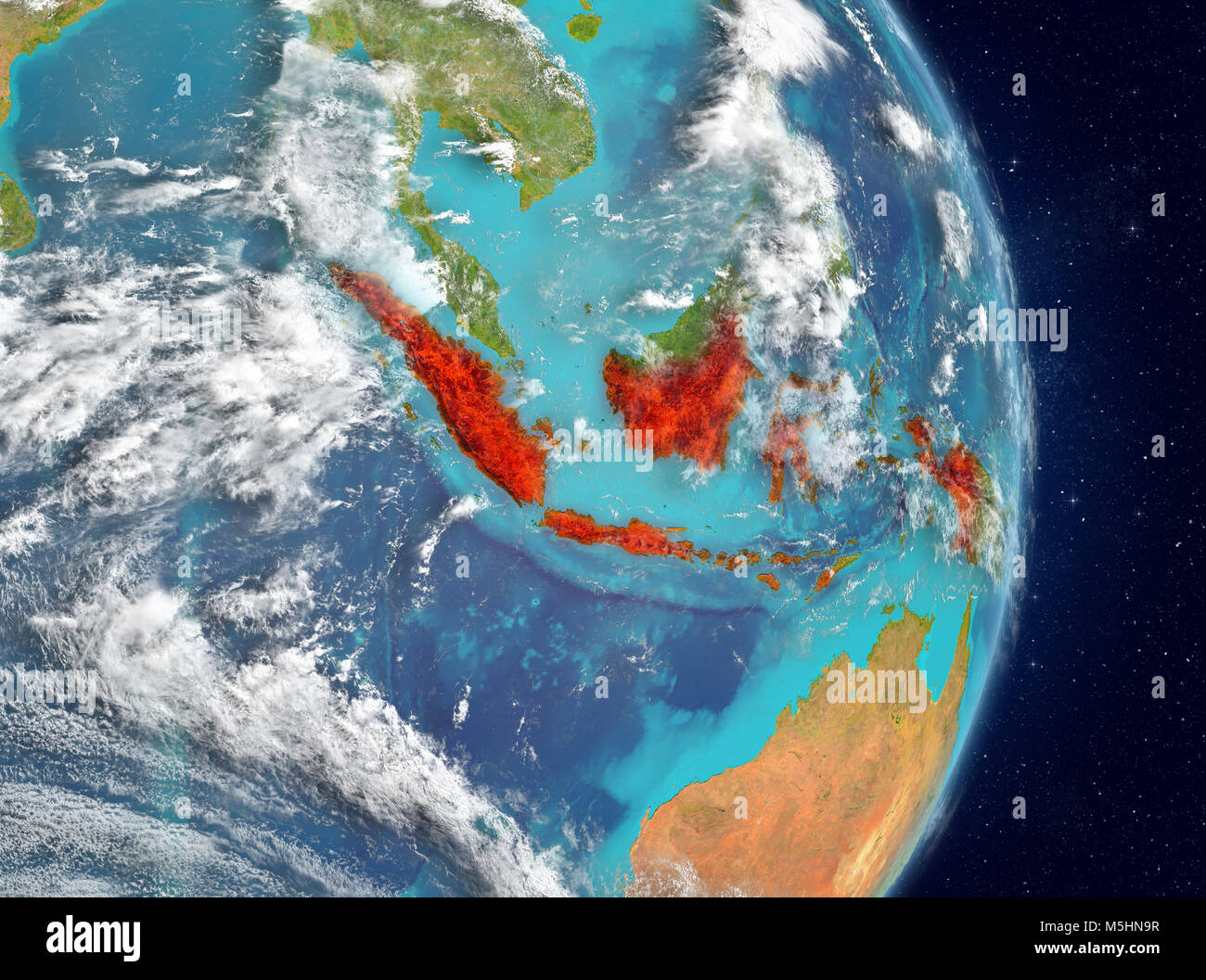 Space view of Indonesia highlighted in red on planet Earth with ...