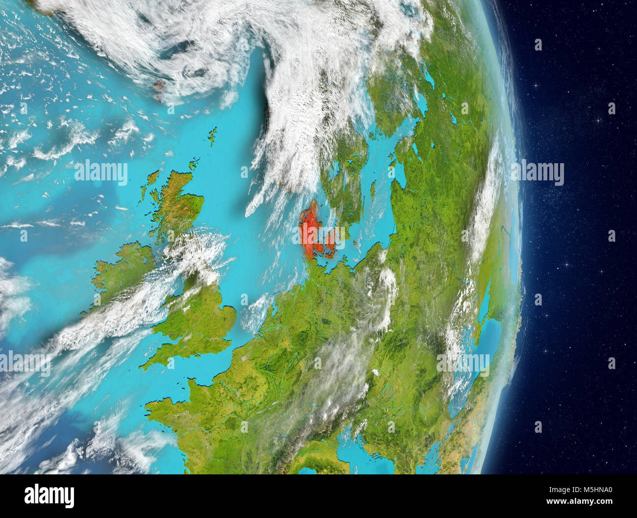 Space view of Denmark highlighted in red on planet Earth with atmosphere. 3D illustration ...