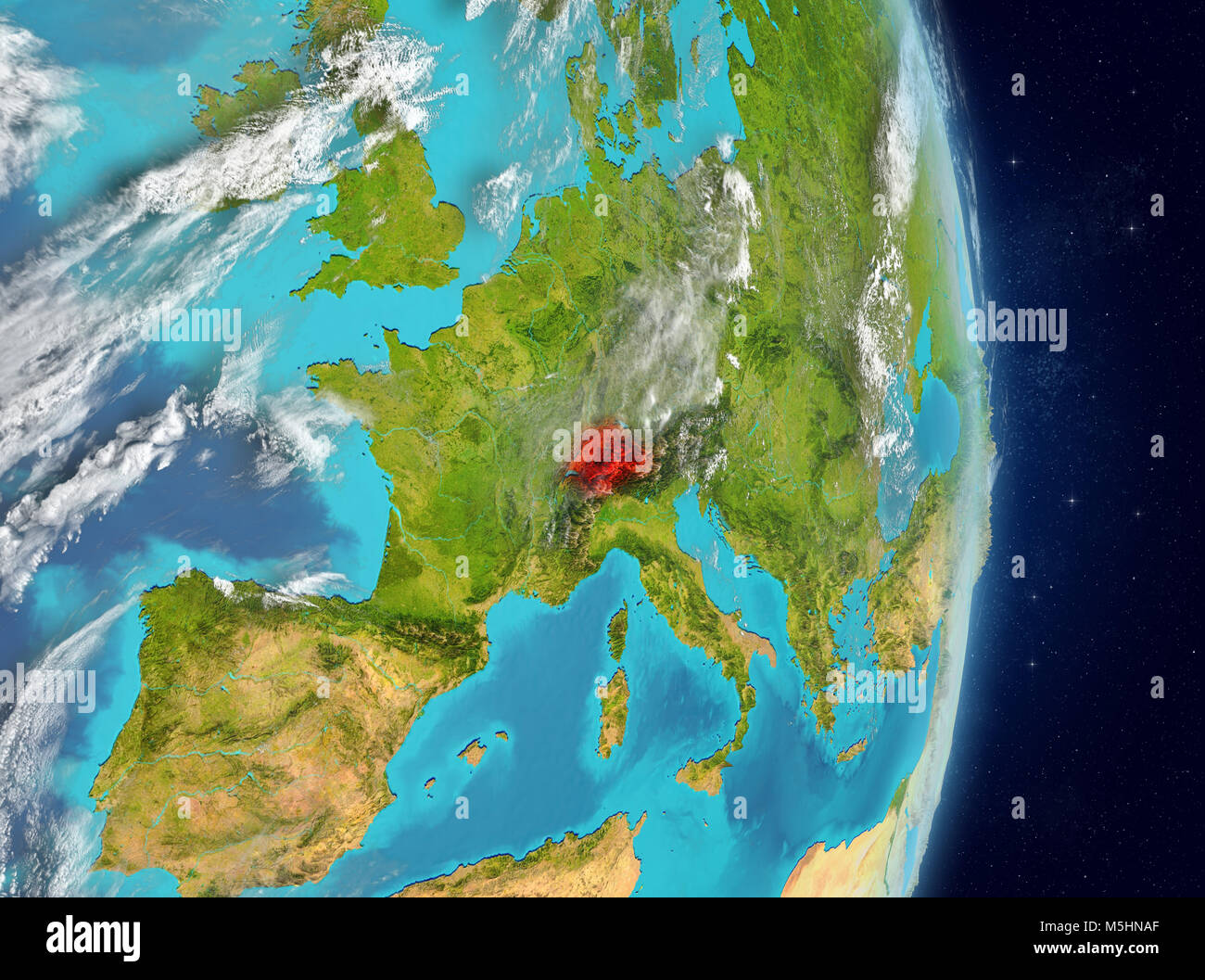 Space view of Switzerland highlighted in red on planet Earth with ...