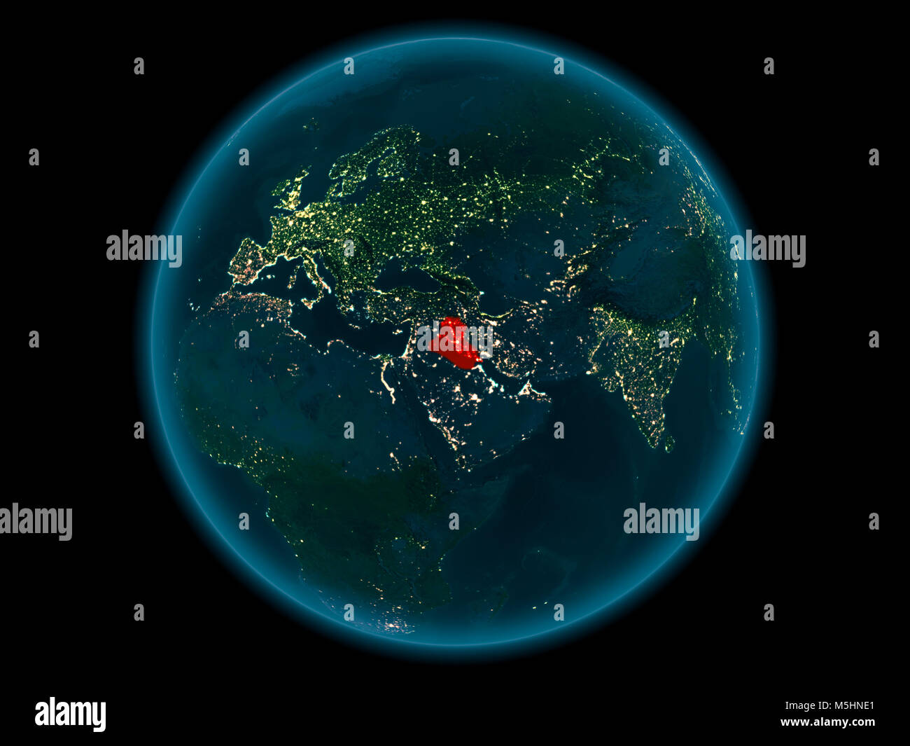 Night above Iraq highlighted in red on model of planet Earth in space ...