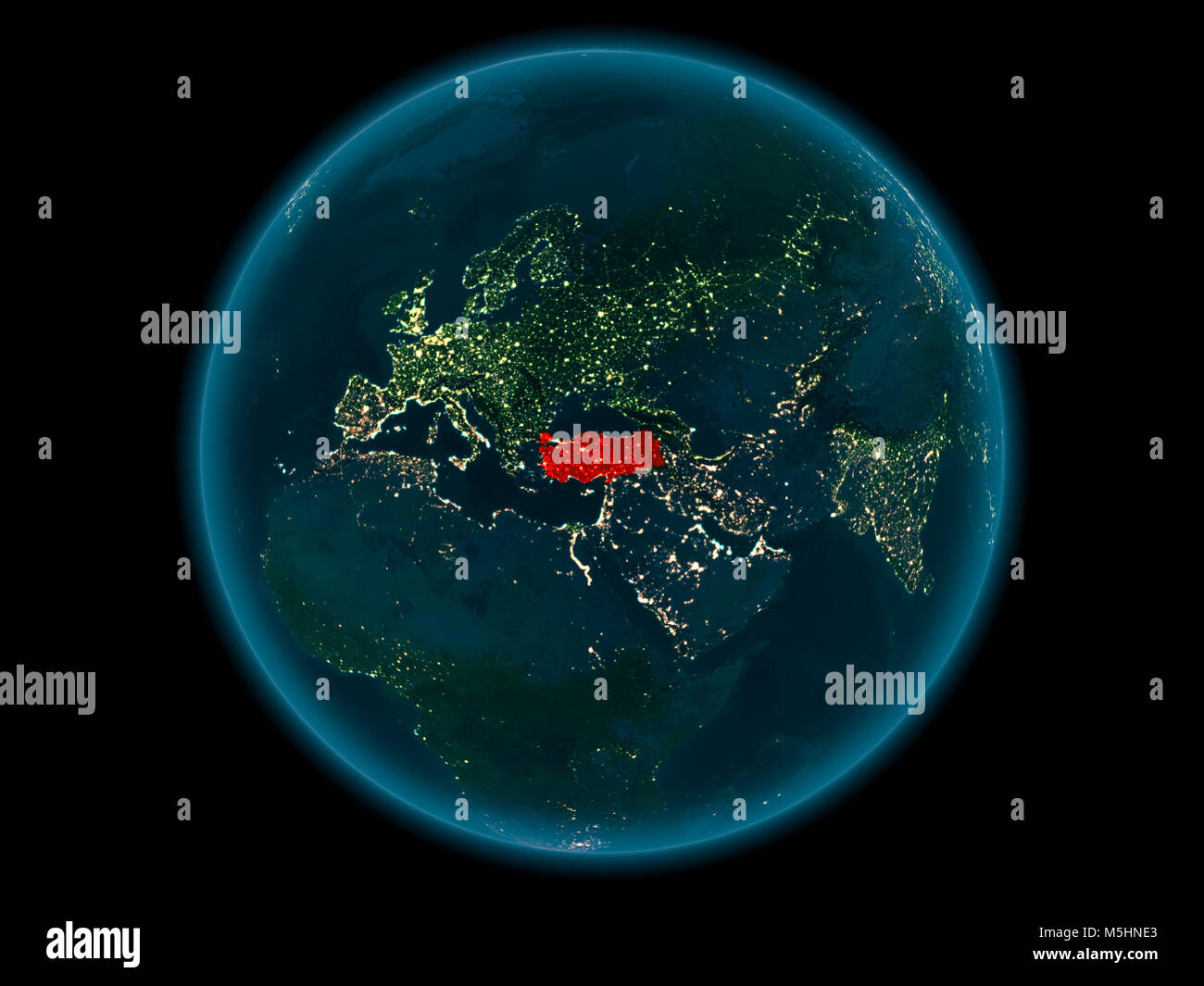 Night above Turkey highlighted in red on model of planet Earth in space ...