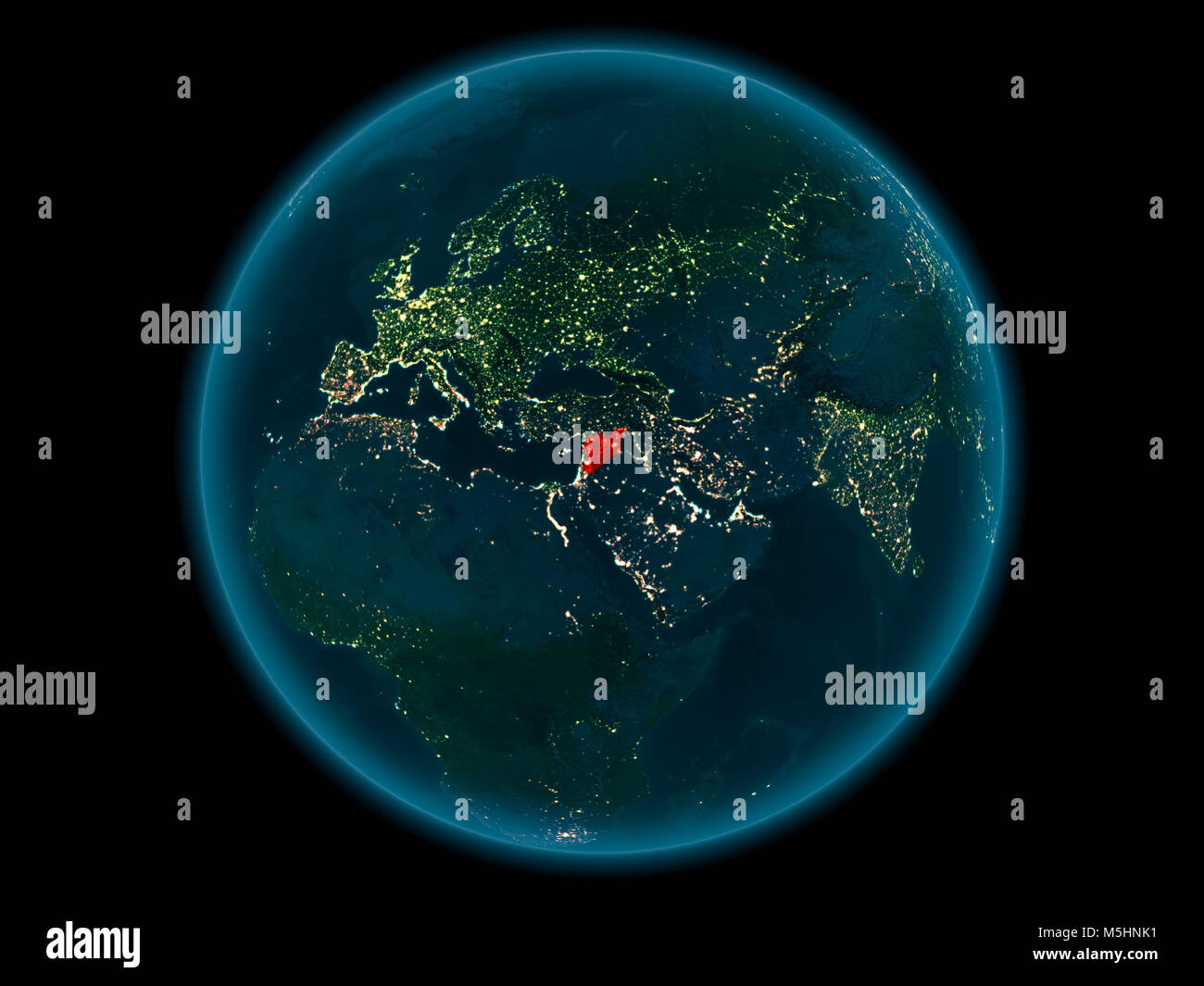 Night above Syria highlighted in red on model of planet Earth in space ...