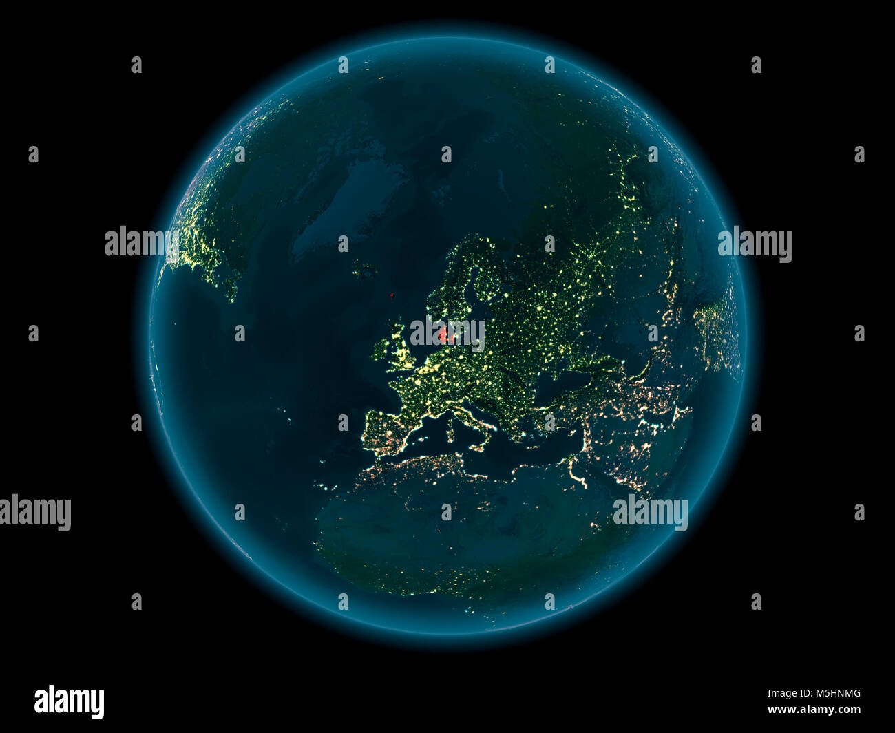 Night above Denmark highlighted in red on model of planet Earth in space. 3D illustration ...