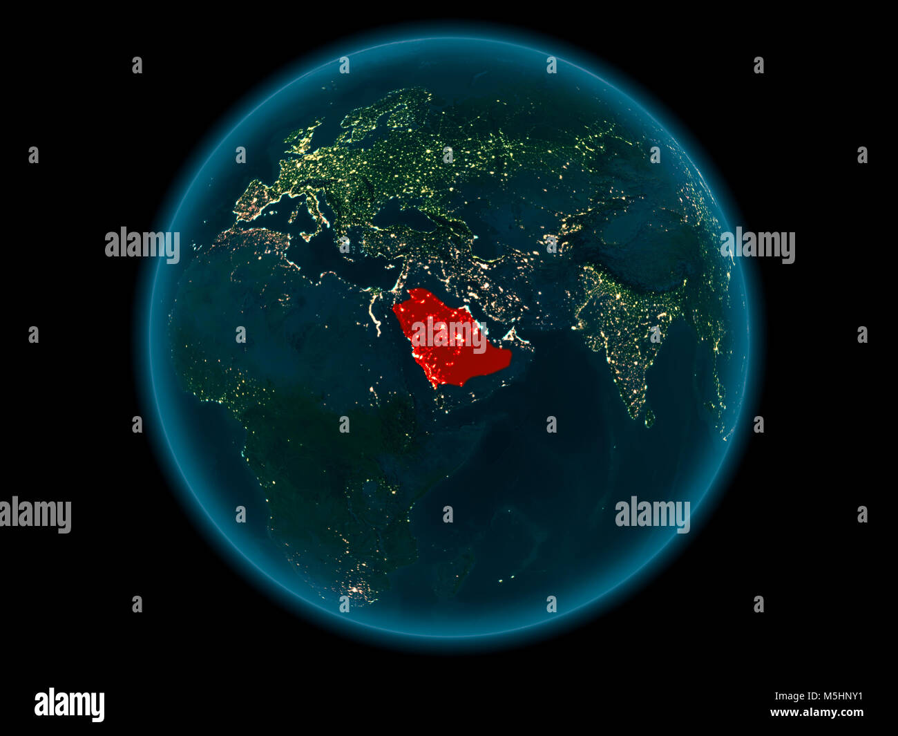 Night above Saudi Arabia highlighted in red on model of planet Earth in ...