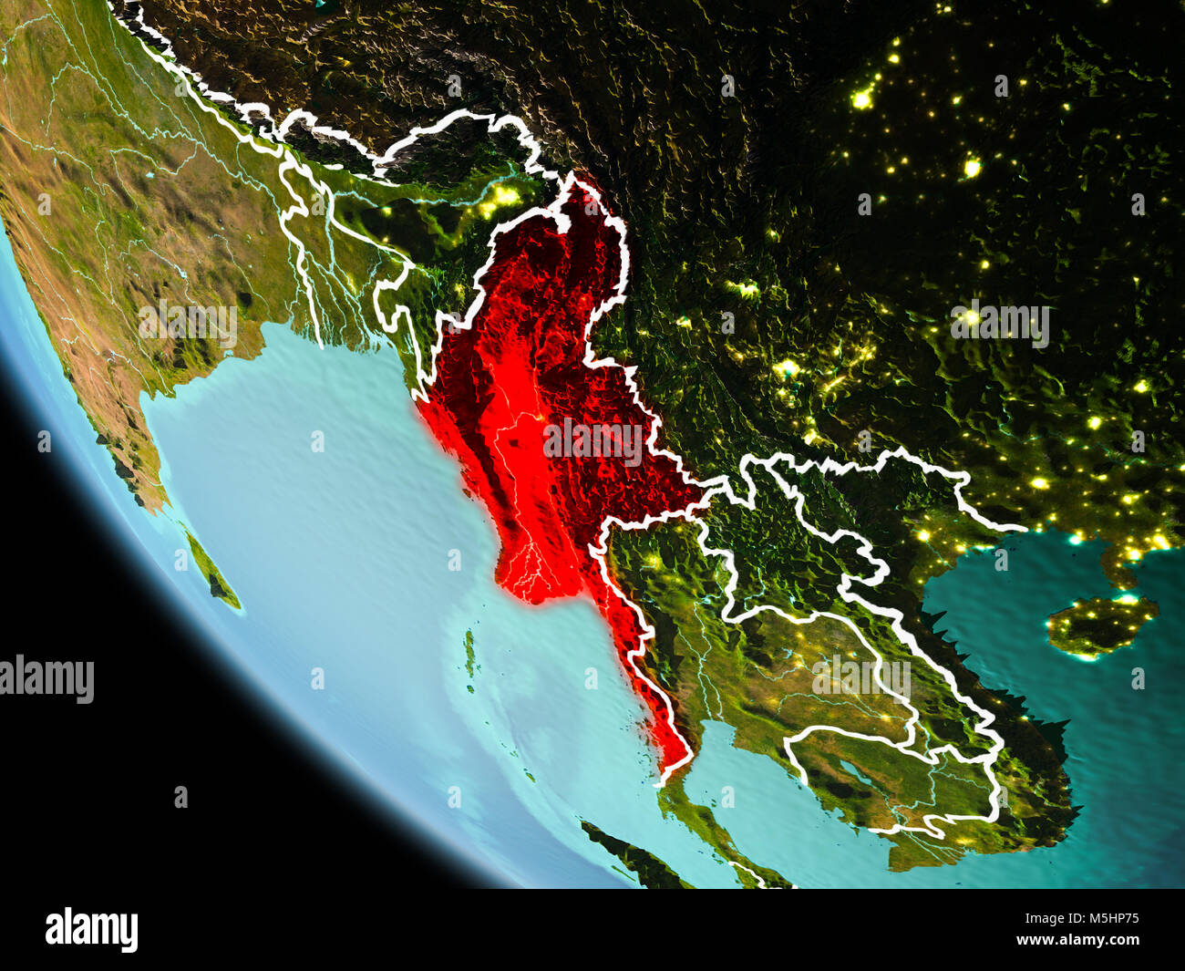 Myanmar from orbit of planet Earth at night with highly detailed ...