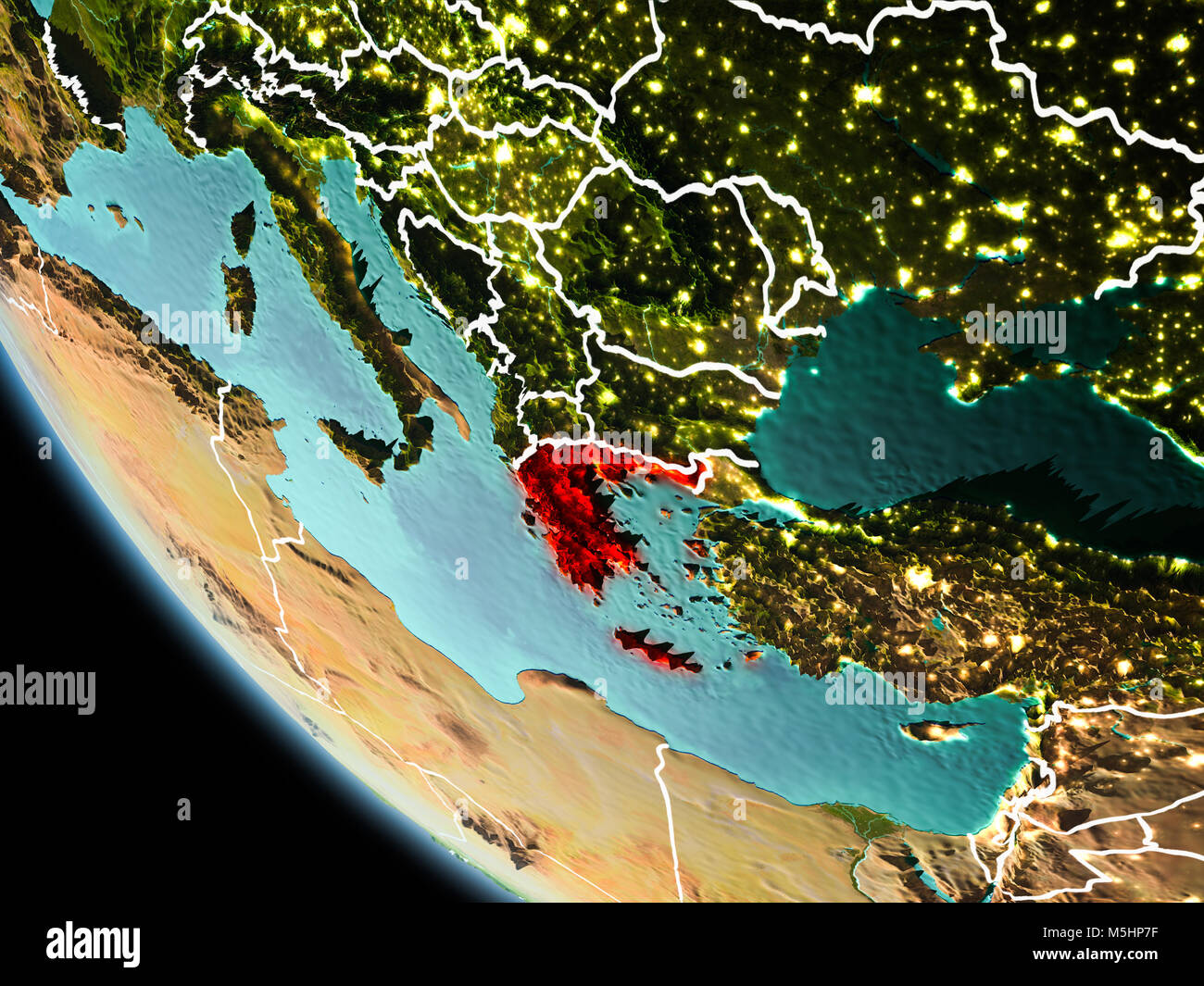 Greece from orbit of planet Earth at night with highly detailed surface ...