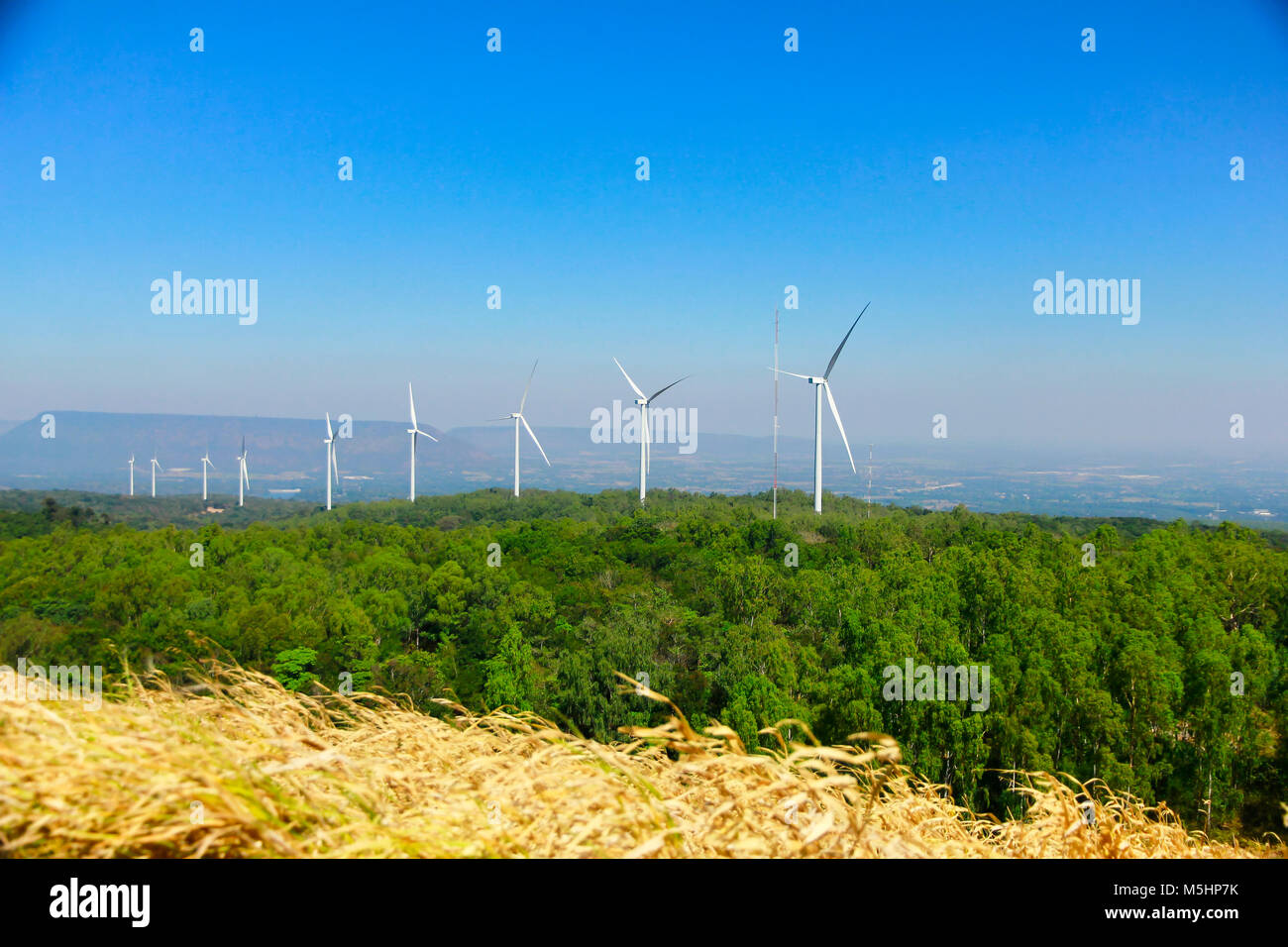 Wind turbine renewable energy source summer landscape with clear blue ...